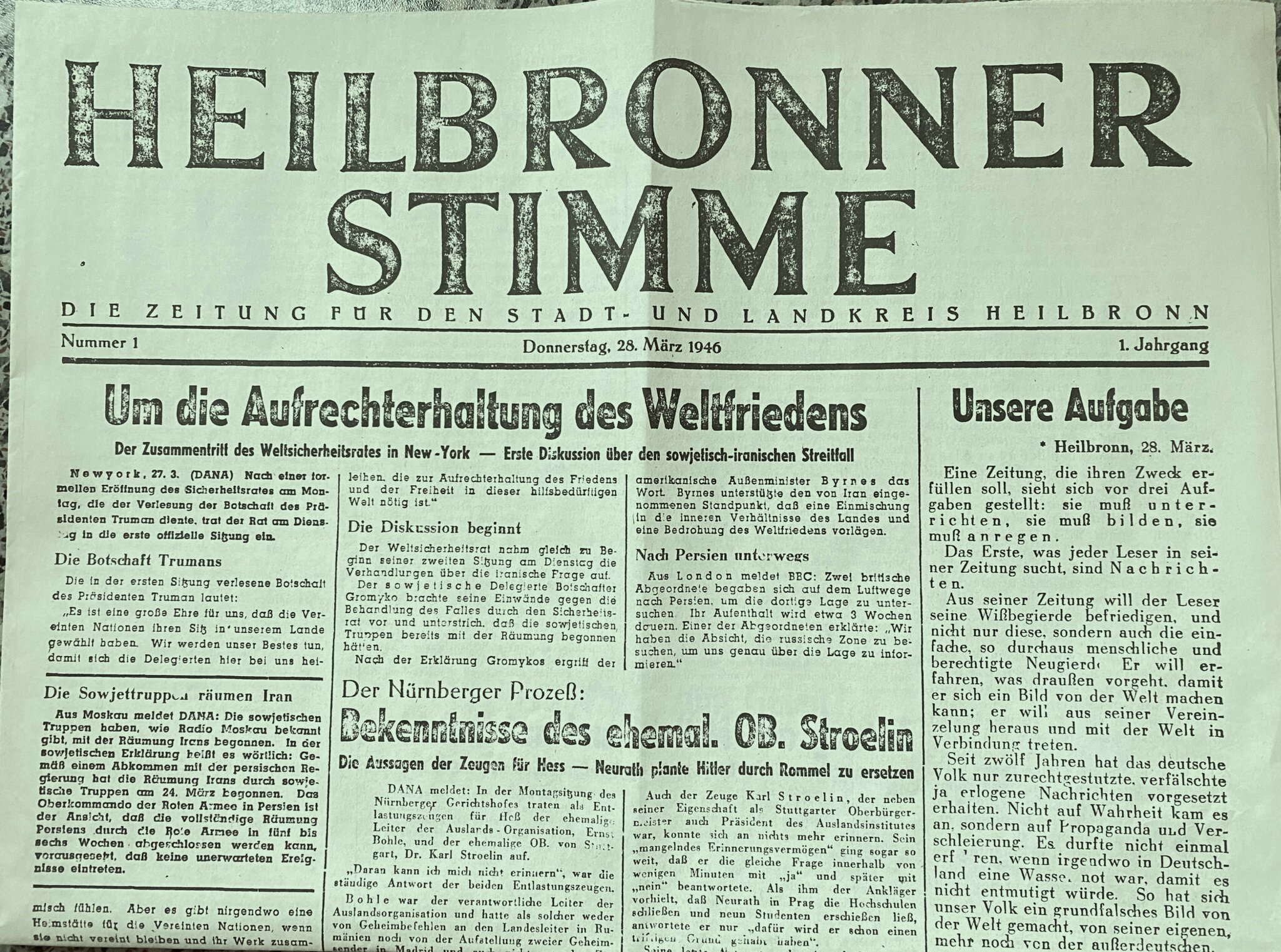 Frieden für die Welt: Die erste Ausgabe der Heilbronner Stimme am 28. März 1946 - Bad Friedrichshall